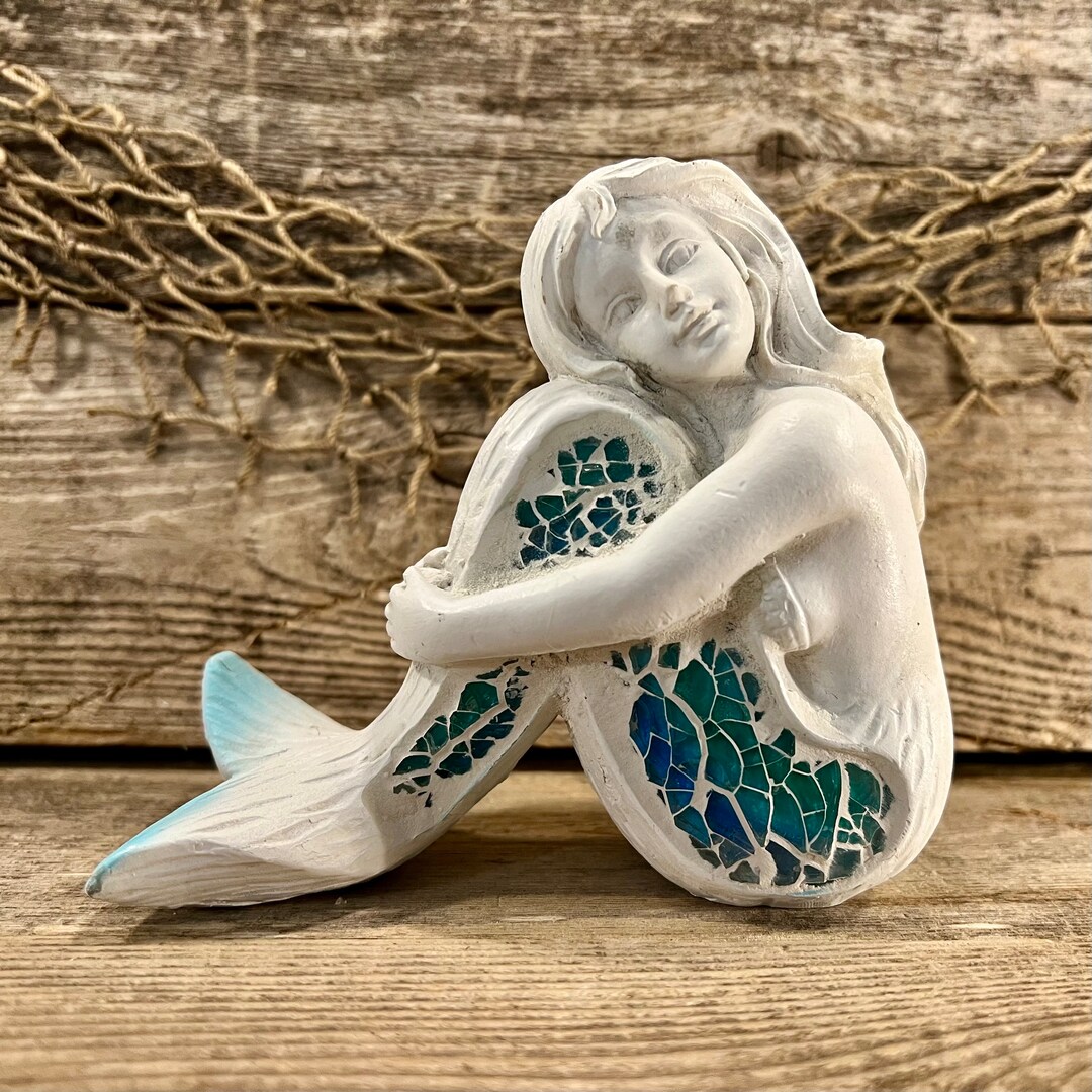 Beach-inspired Sitting Mermaid Figurine Statuette Handcrafted Wood-look ...