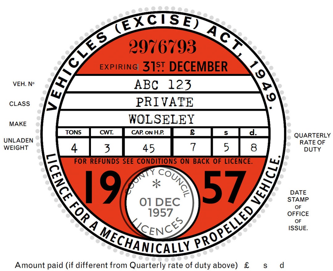 1957 - 1960 Print Your Own Replica Road Tax Disc, Instant PDF Editable ...