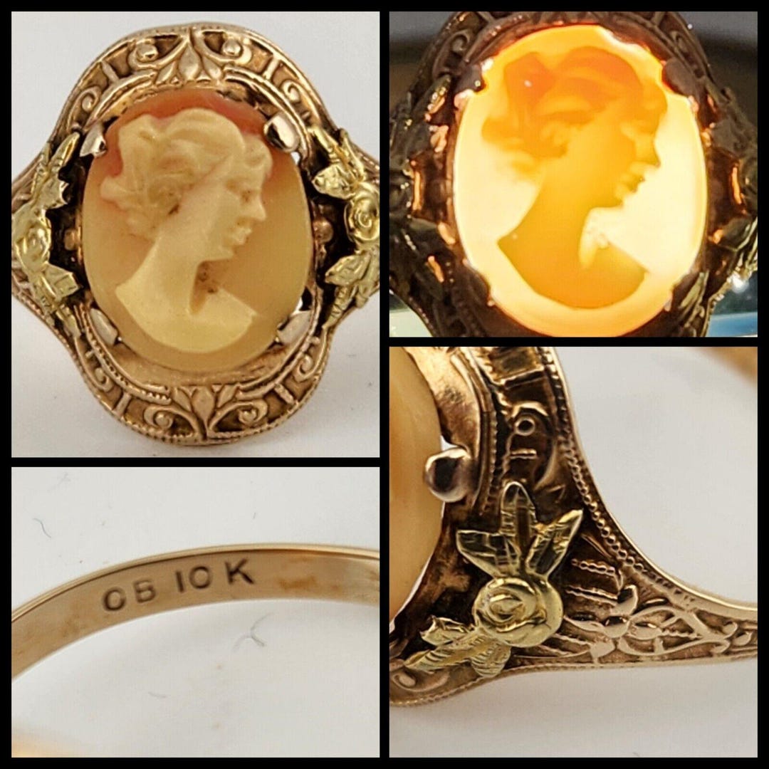 Antique Ostby Barton OB 10K Gold Cameo Ring Intricately Carved Shell ...