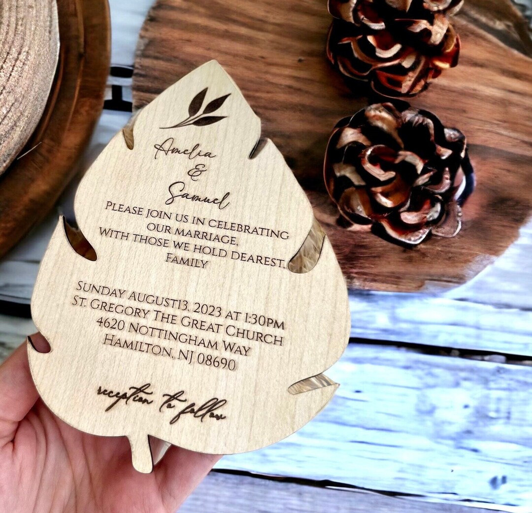 Boheme Wooden Leaf Invitation, Rustic Wedding Card, Wood Save the Date ...