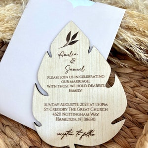 Boheme Wooden Leaf Invitation, Rustic Wedding Card, Wood Save the Date ...
