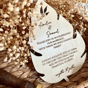 Boheme Wooden Leaf Invitation, Rustic Wedding Card, Wood Save the Date ...