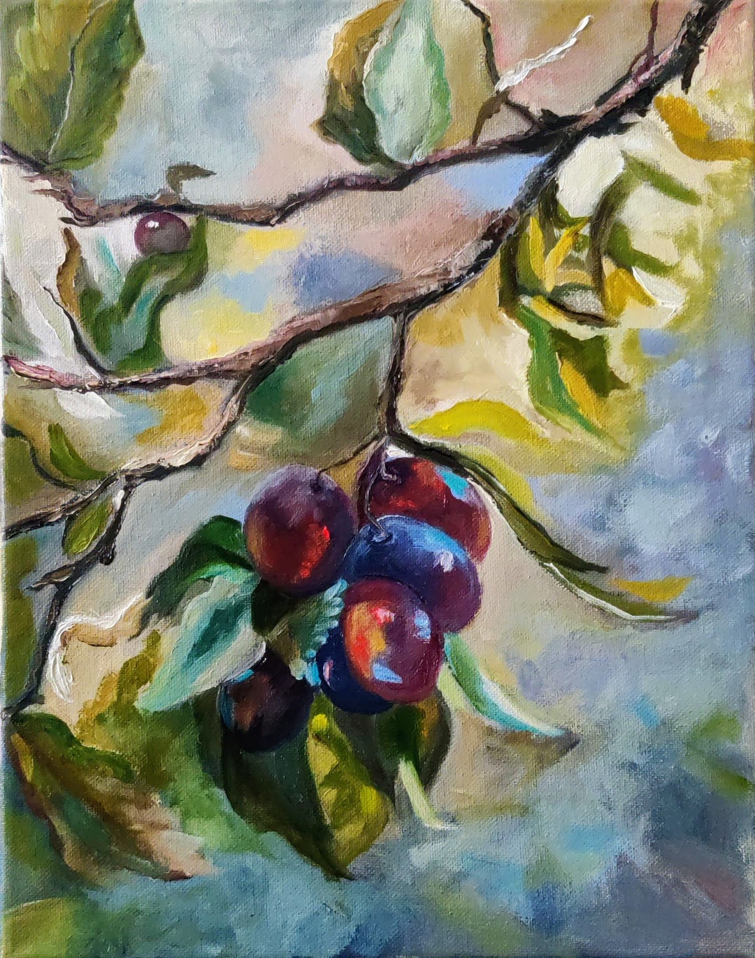 Plum Painting Fruit Art Brunch of Plum Tree Oil Painting on Canvas 11 ...