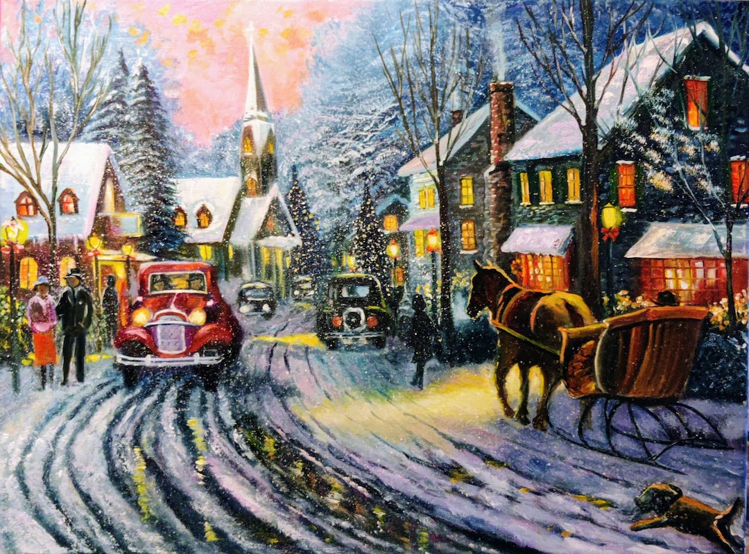 Village Christmas. Oil Painting on Canvas 24"x18" Landscape Painting - Etsy
