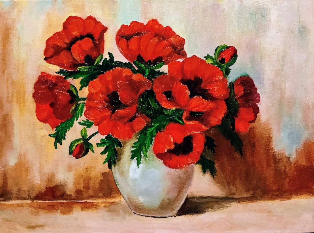 Red Poppies Original Oil Painting 16"x12" Vintage Art Reproduction - Etsy