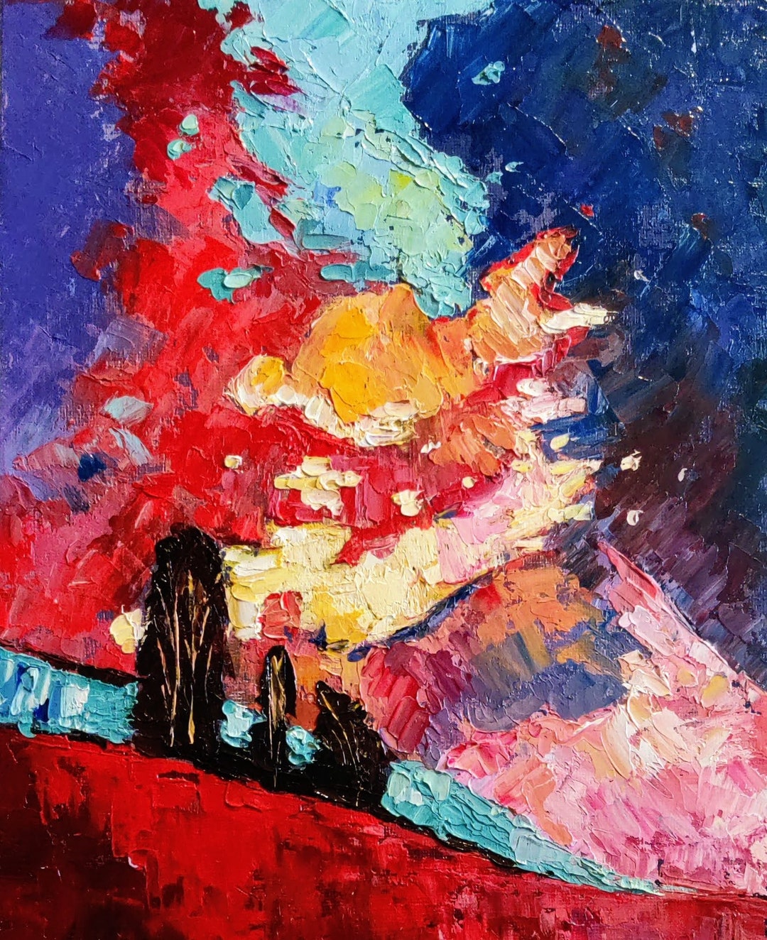 Mountain Sunset Original Oil Painting on Canvas Panel Bright Impasto ...