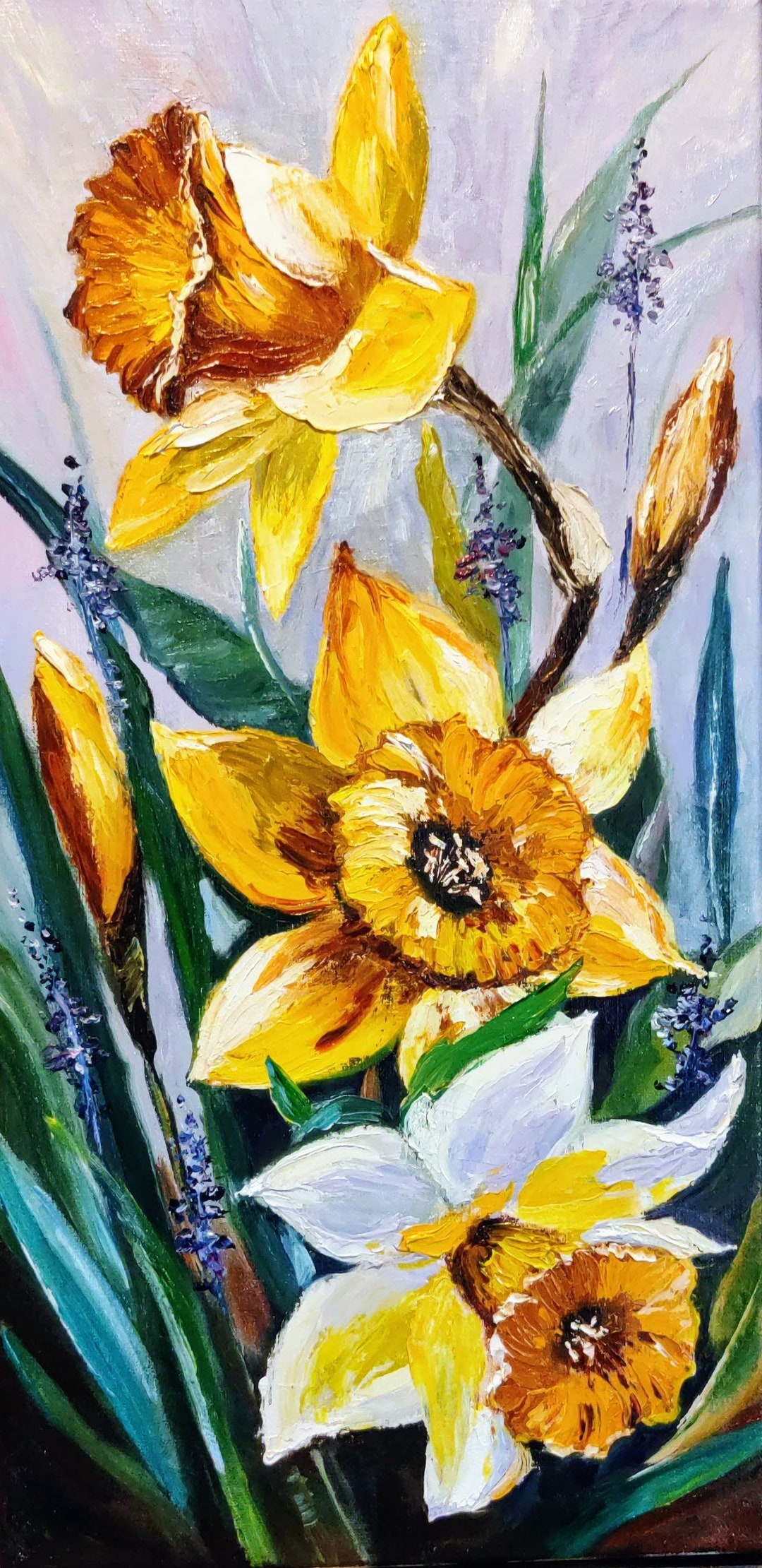 Daffodils. Flower. Spring Oil Painting on Canvas 10"x20" Palette Knife ...