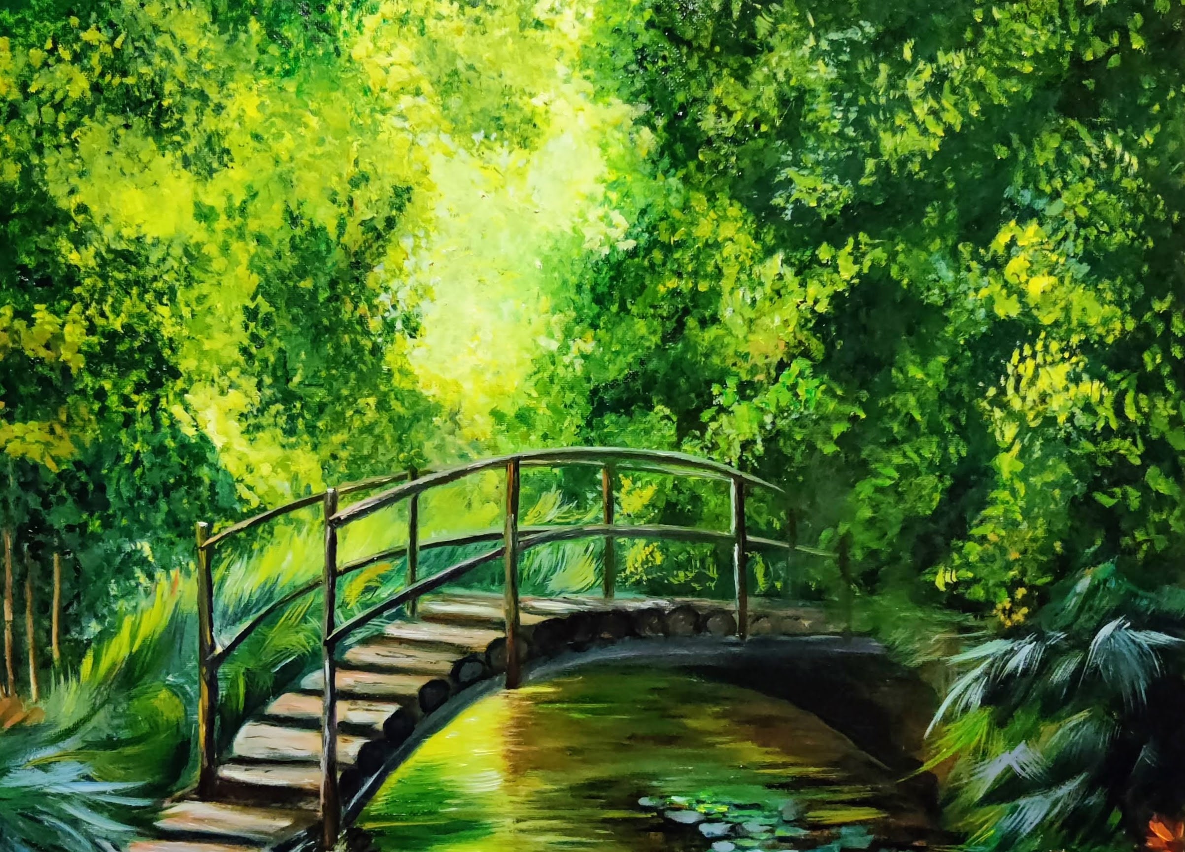 The Bridge. Original Oil Painting Art Forest Artwork Landscape Painting ...