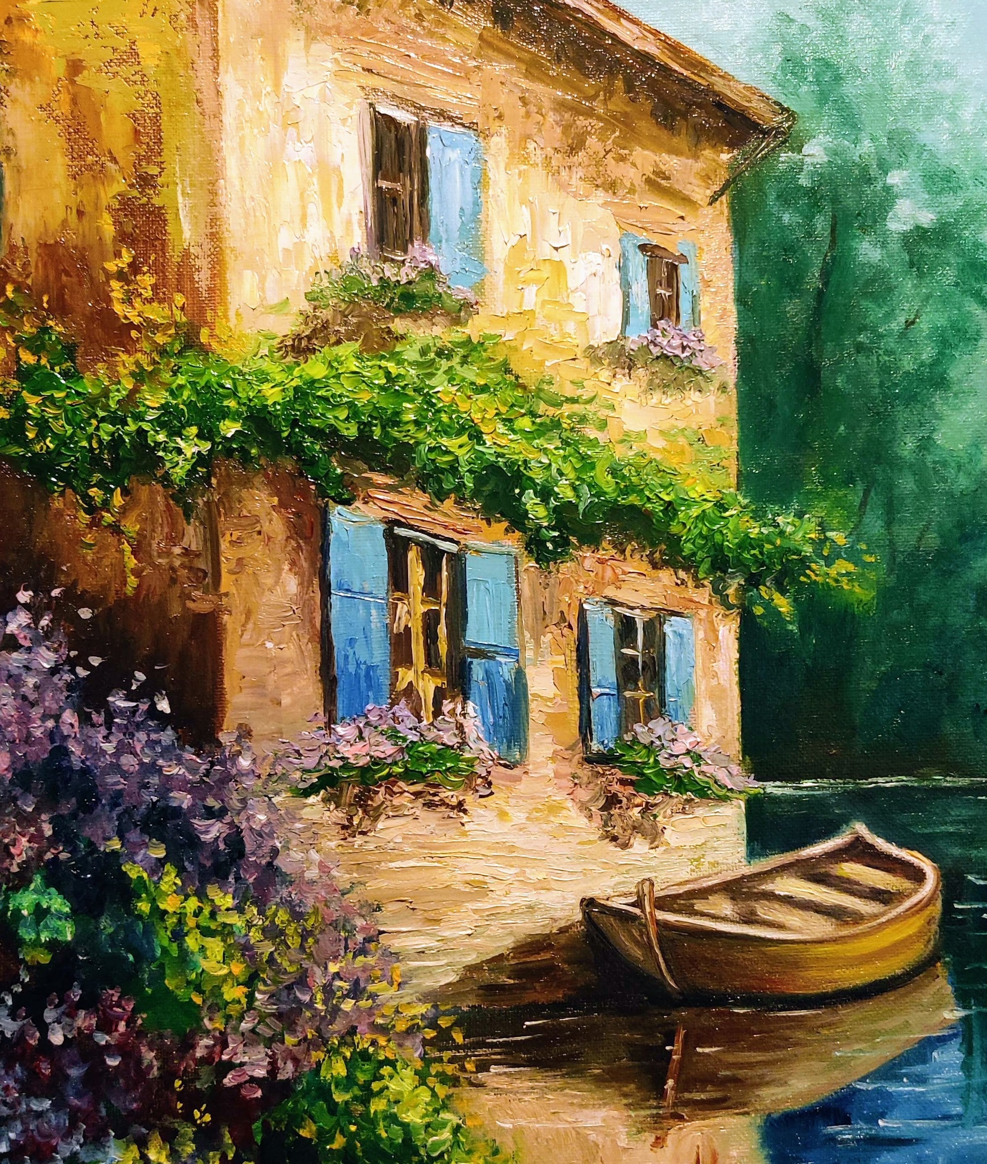 House by the Lake. Oil Painting on Canvas 14x14 Landscape Painting ...