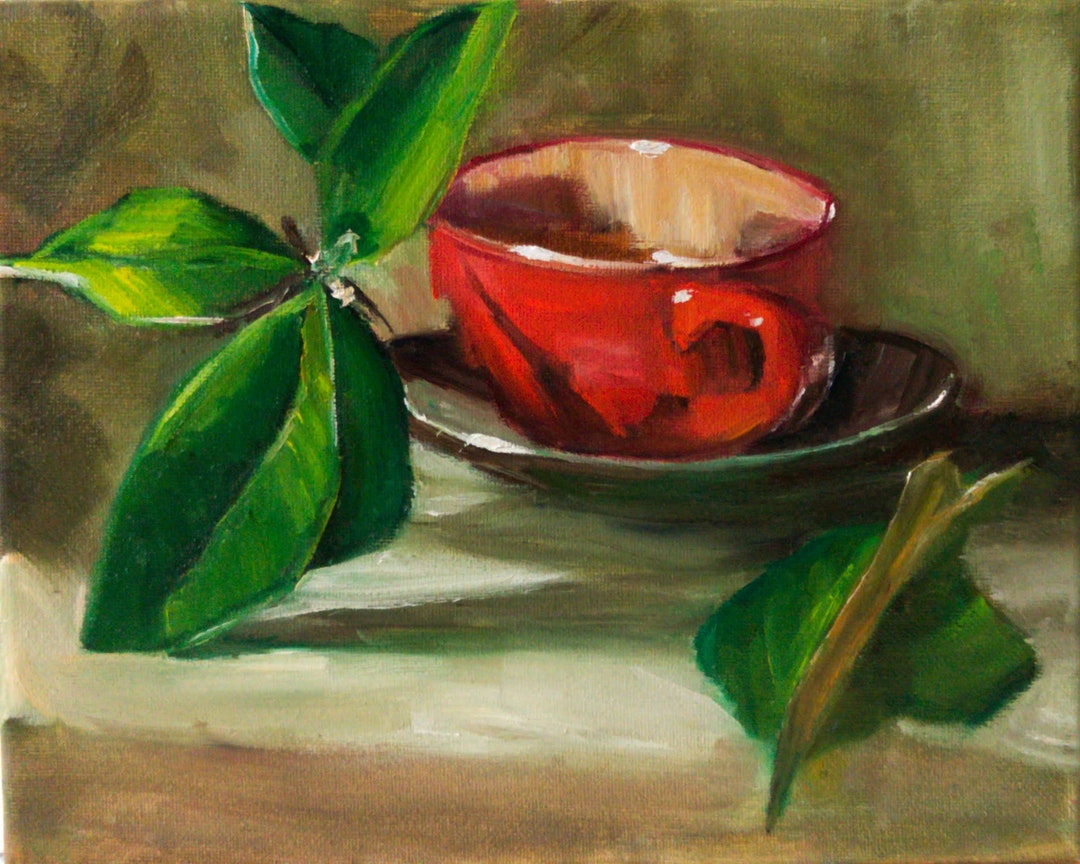 Still Life With Teacup Oil Painting 10"x8" Kitchen Decor Small Painting ...
