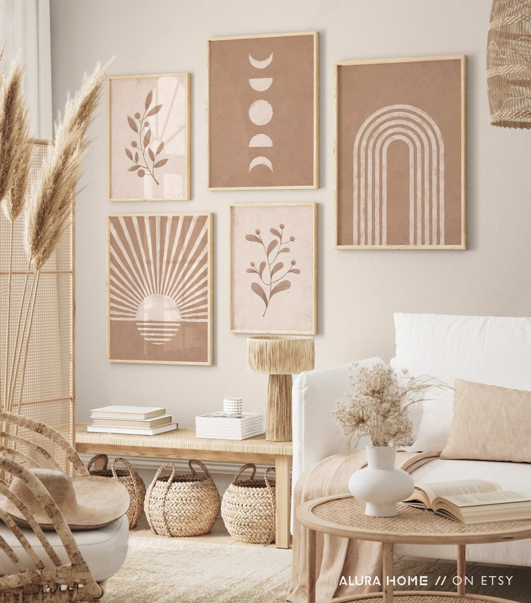 5er Set Boho Prints, Galerie Wandkunst-Set, Boho-Wand-Dekor, Mid Century moderne Kunst, neutrale ...