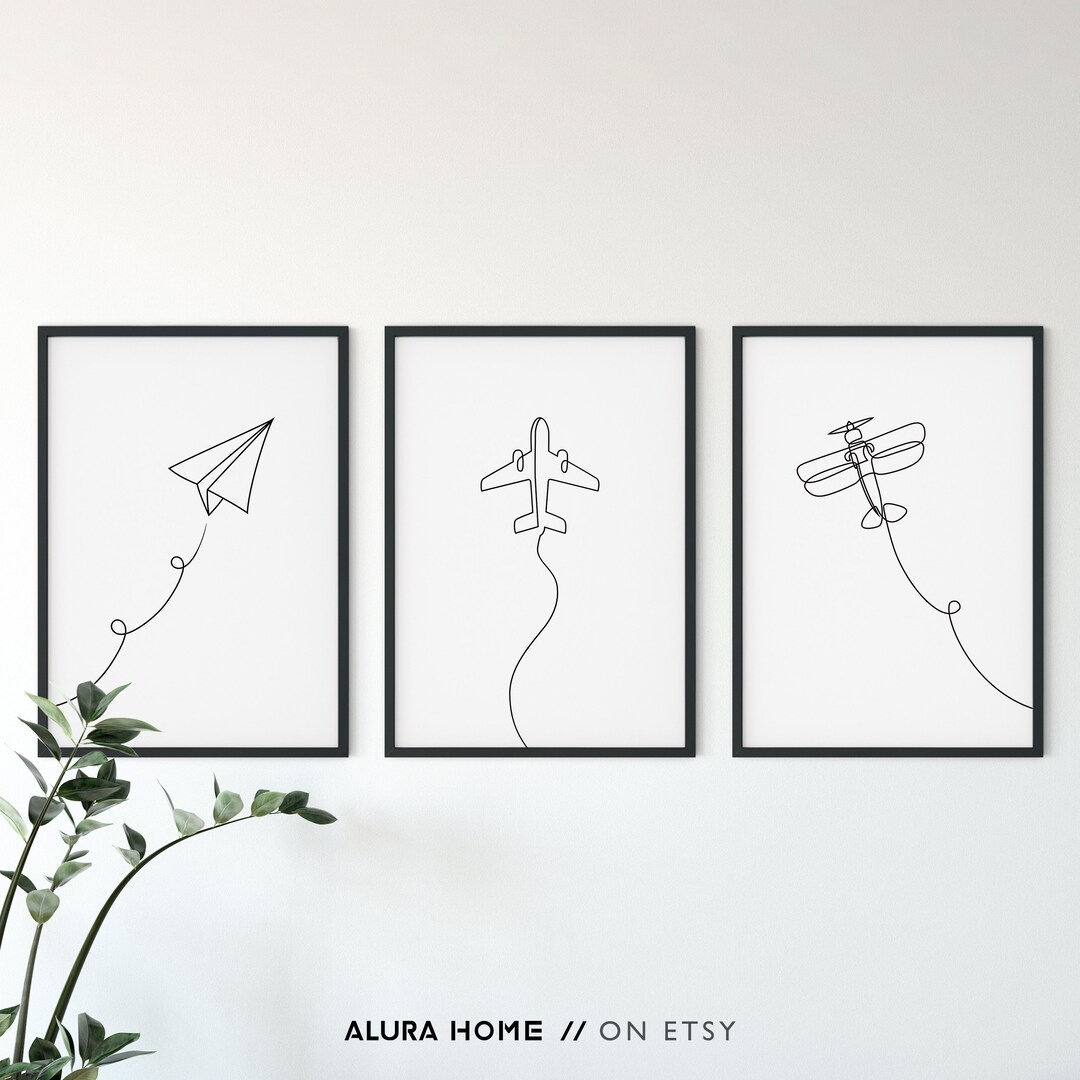 Airplane Prints Set of 3, Airplane Line Art Print, Nursery Wall Art ...