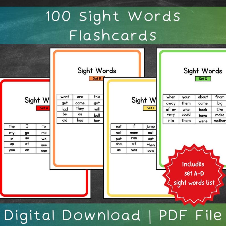 100 Sight Words Flashcards, Printable Preschool & Kindergarten, 1st ...
