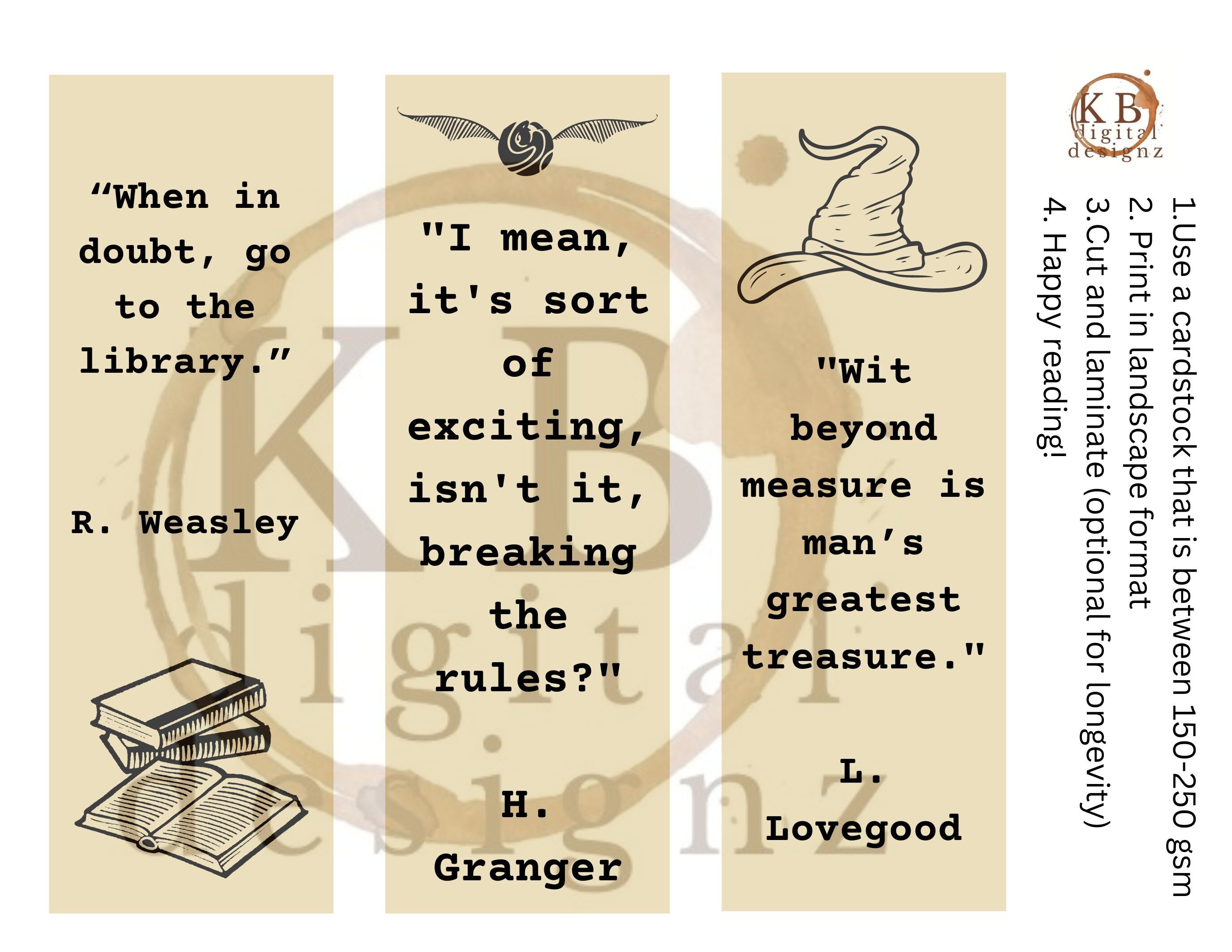 Wizard Quote Digital Bookmarks 2, 6 Pack Digital Print Bookmarks ...