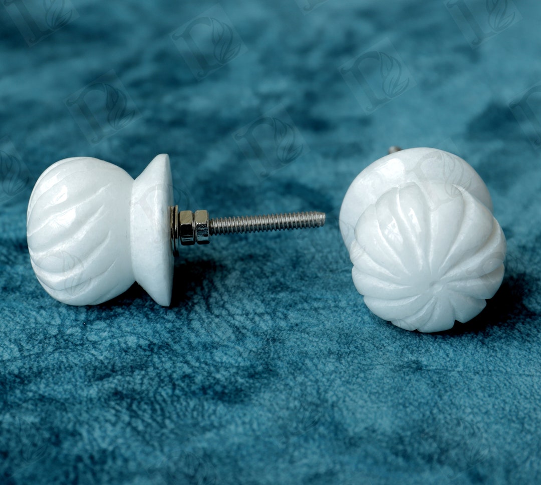 Set of Round White Stone Pulls, Marble, Cabinet, Dresser, Drawer, Hand ...