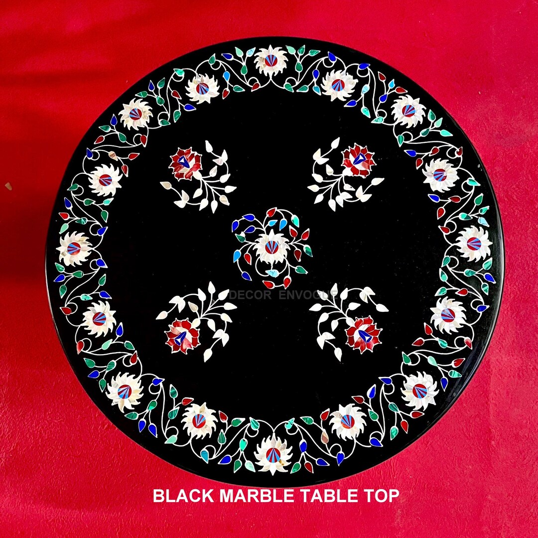 24" Custom Handmade Round Inlay Black Coffee Table, Black Marble Table ...