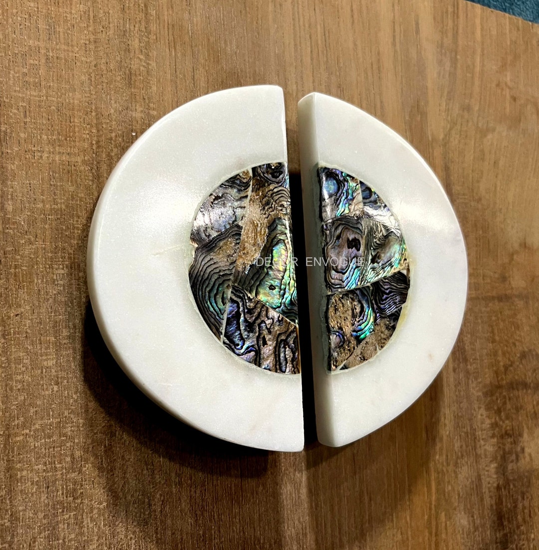 Semi Circle or Half Moon or D Shape White Marble Green Abalone Seashell ...