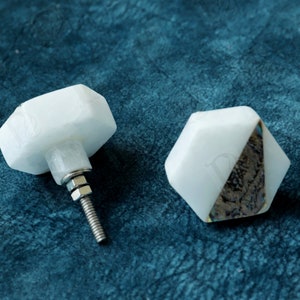 Set of White Hexagon Stone Knobs Pulls,marble,cabinet,drawer,dresser,kitchen,hardware ,abalone ...