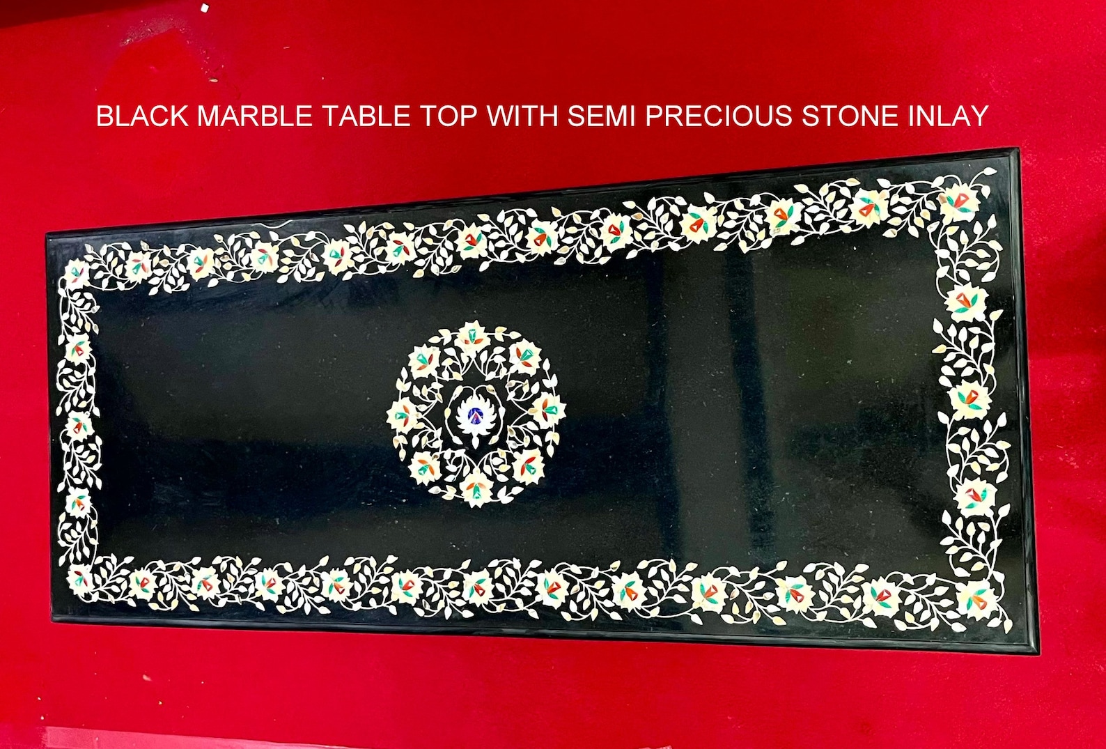 48x24" Custom Handmade Rectangle Inlay Black Coffee Table Top, Marble ...