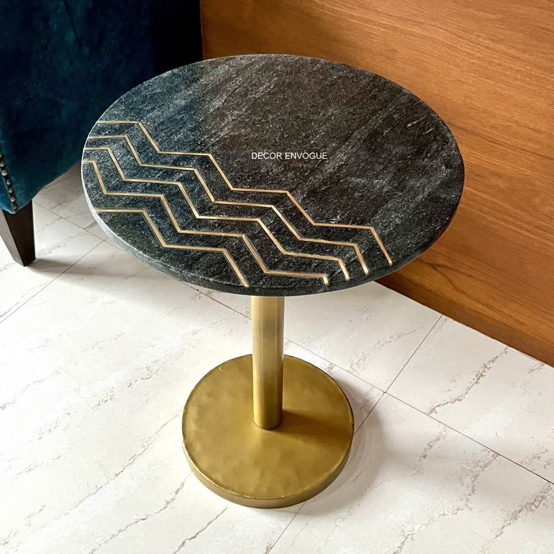 14" Natural Black Marble Brass Inlay Round Coffee End Table, Sofa Table ...