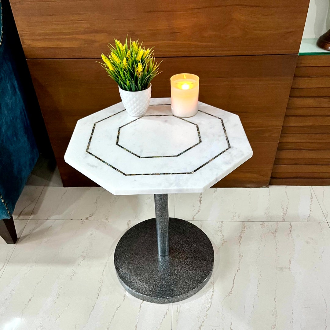 14.5" Natural White Marble Abalone Shell Inlay Octagon Coffee End Table ...