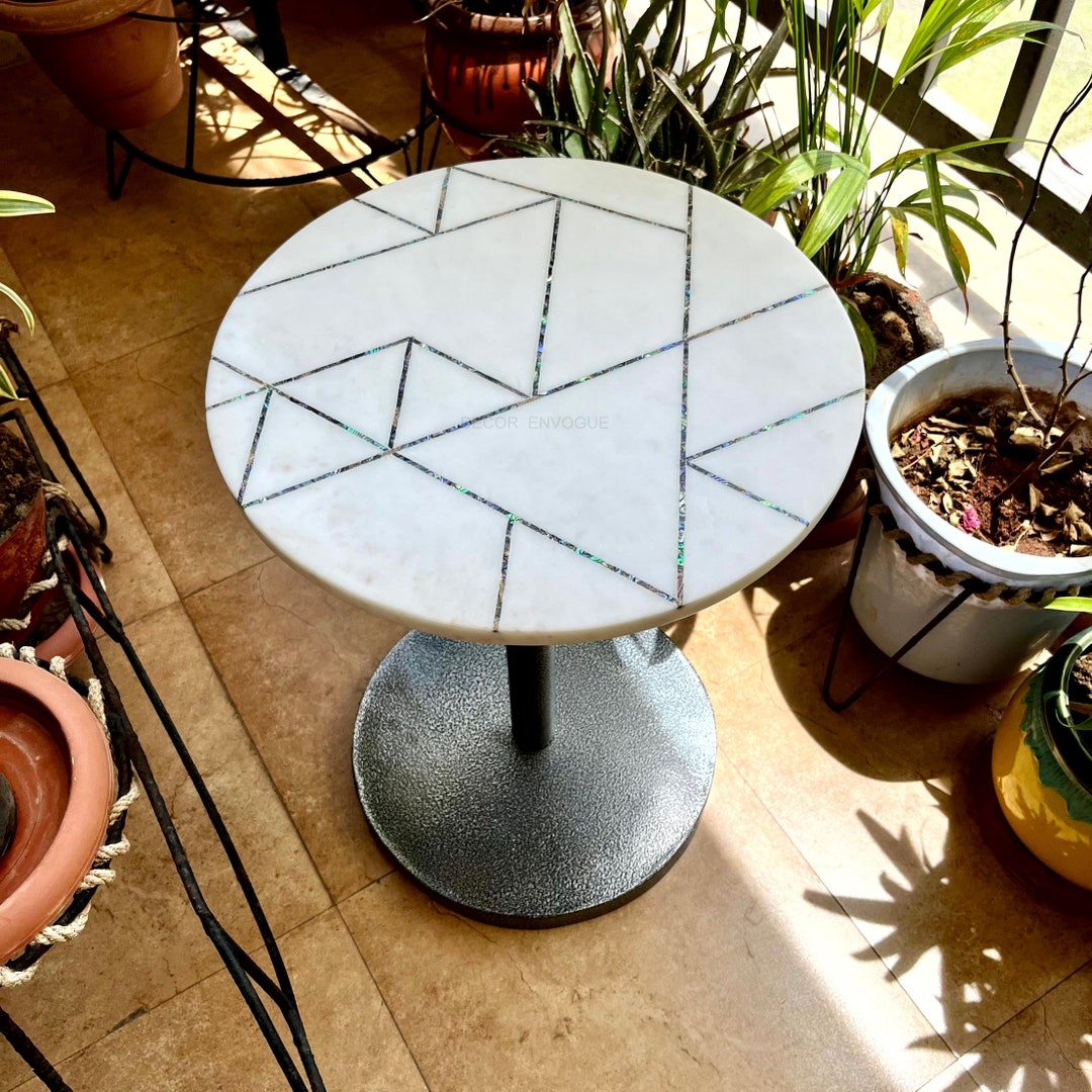 14.5" Natural White Marble Abalone Shell Inlay Round Coffee End Table ...