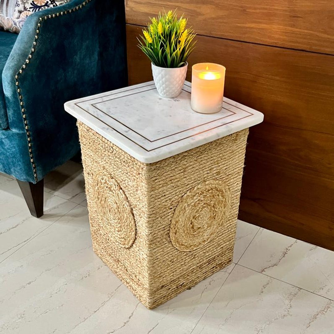 14" Natural Jute Stand & White Marble Brass Inlay Square Coffee End ...