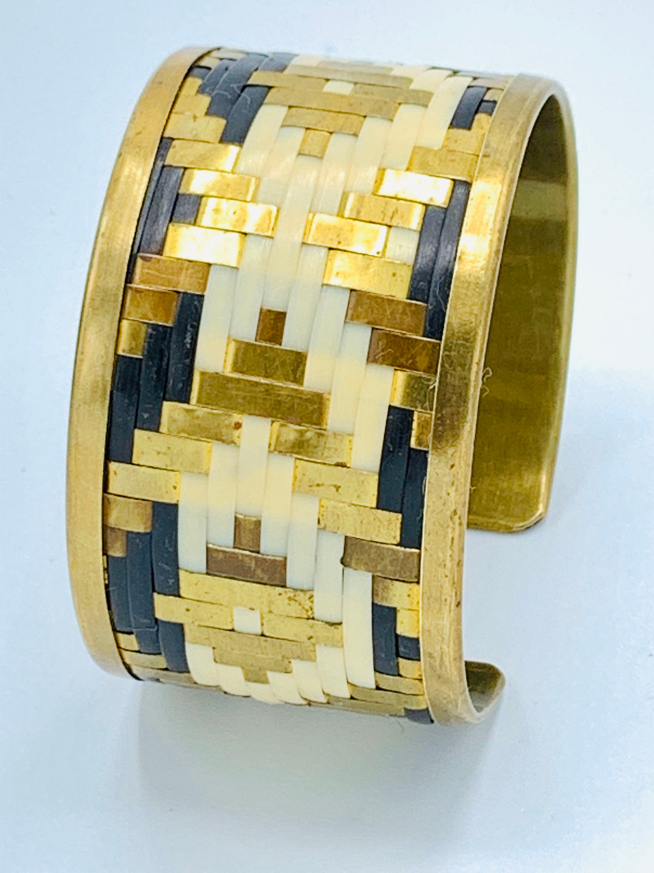 Vintage Brass Cuff Bracelet With Mixed Tones White and Black - Etsy
