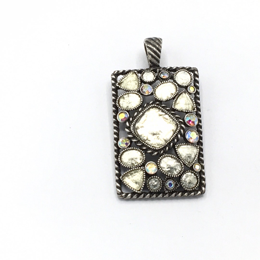 Vintage Rectangle Brass Brooch With Rhinestone and Crystal Pendant by ...