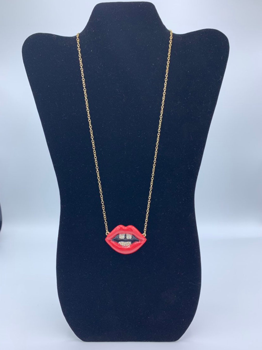 Red Lip Necklace With Crystal - Etsy