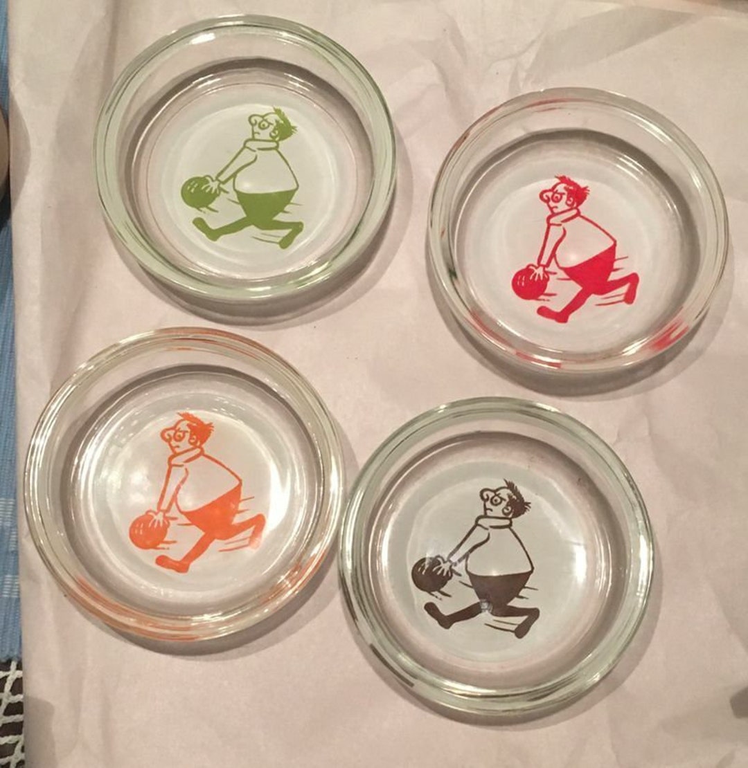 Set of 4 Vintage 60's/70's Glass Round Coasters Cartoon Bowling Theme ...
