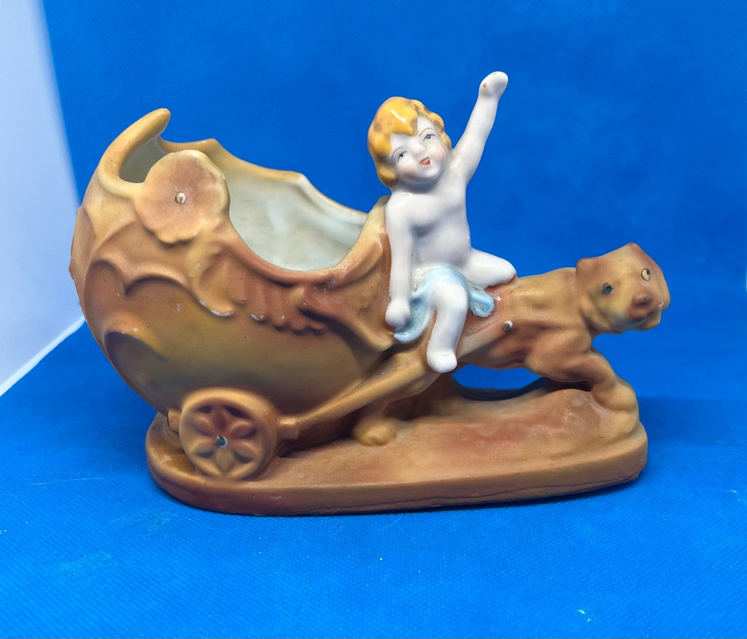 Vintage Porcelain Bisque Planter Pot - Tiger Pulling Cherub on Chariot ...
