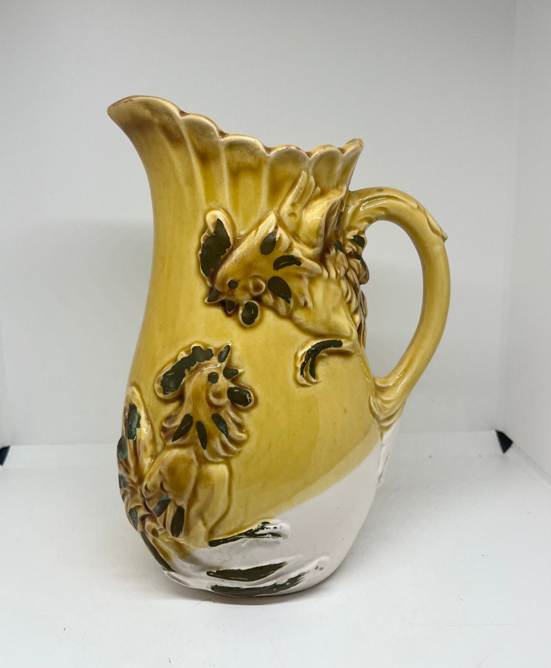 Vintage Ceramic Majolica Embossed Fighting Roosters Pitcher Jug - Etsy