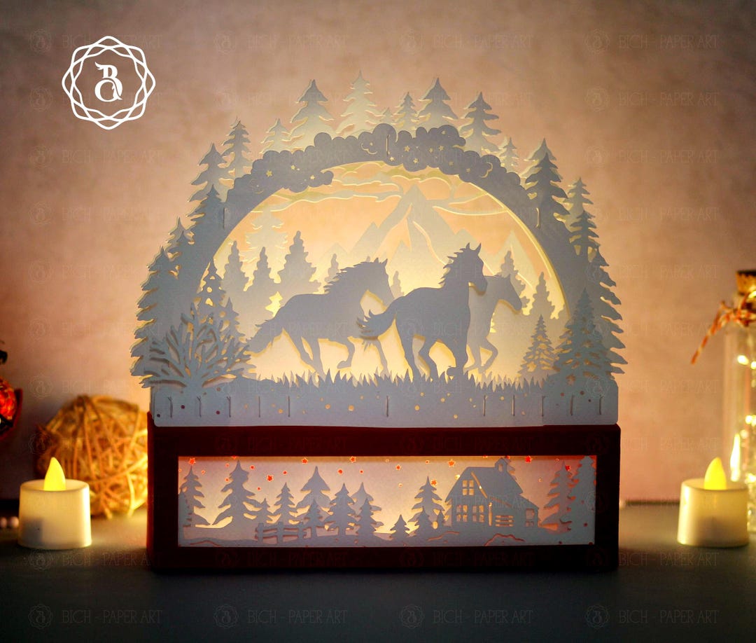 Paper Cut Lamp Christmas With Horse SVG Files, Pop-up 3D Card Xmas ...