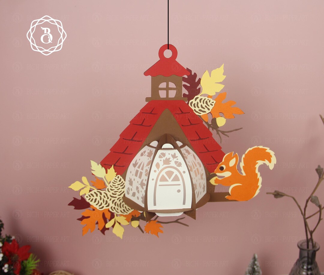Christmas Squirrel Birdhouse Paper Cut Lamp SVG, 3D Christmas Lantern ...