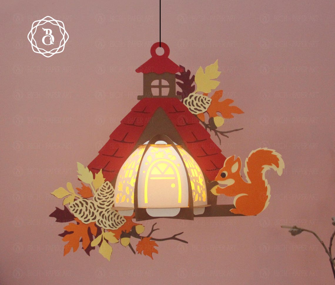 Christmas Squirrel Birdhouse Paper Cut Lamp SVG, 3D Christmas Lantern ...