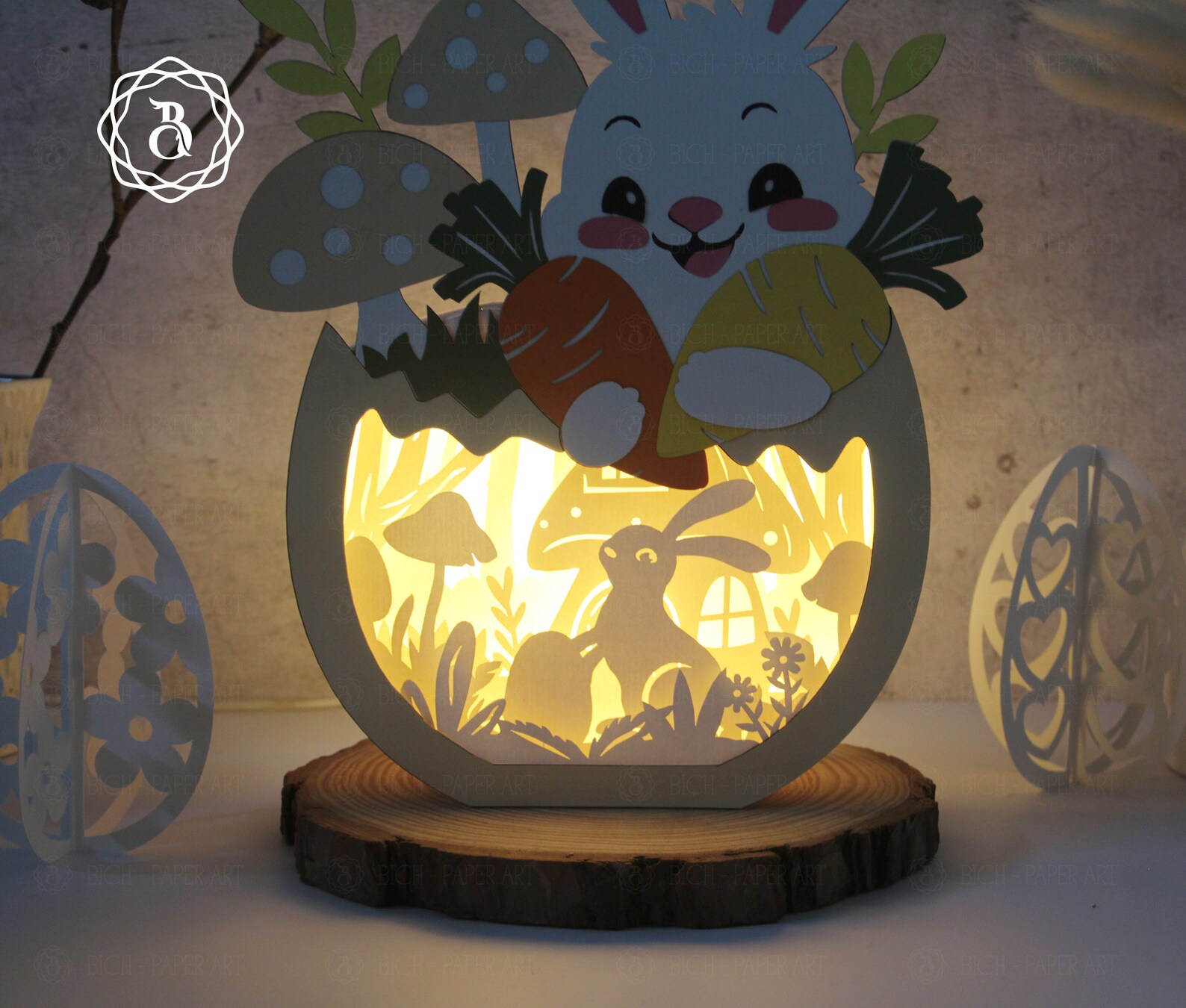 Easter Bunny Holding Carrots Shadow Lightbox SVG Easter Eggs Paper Cut ...