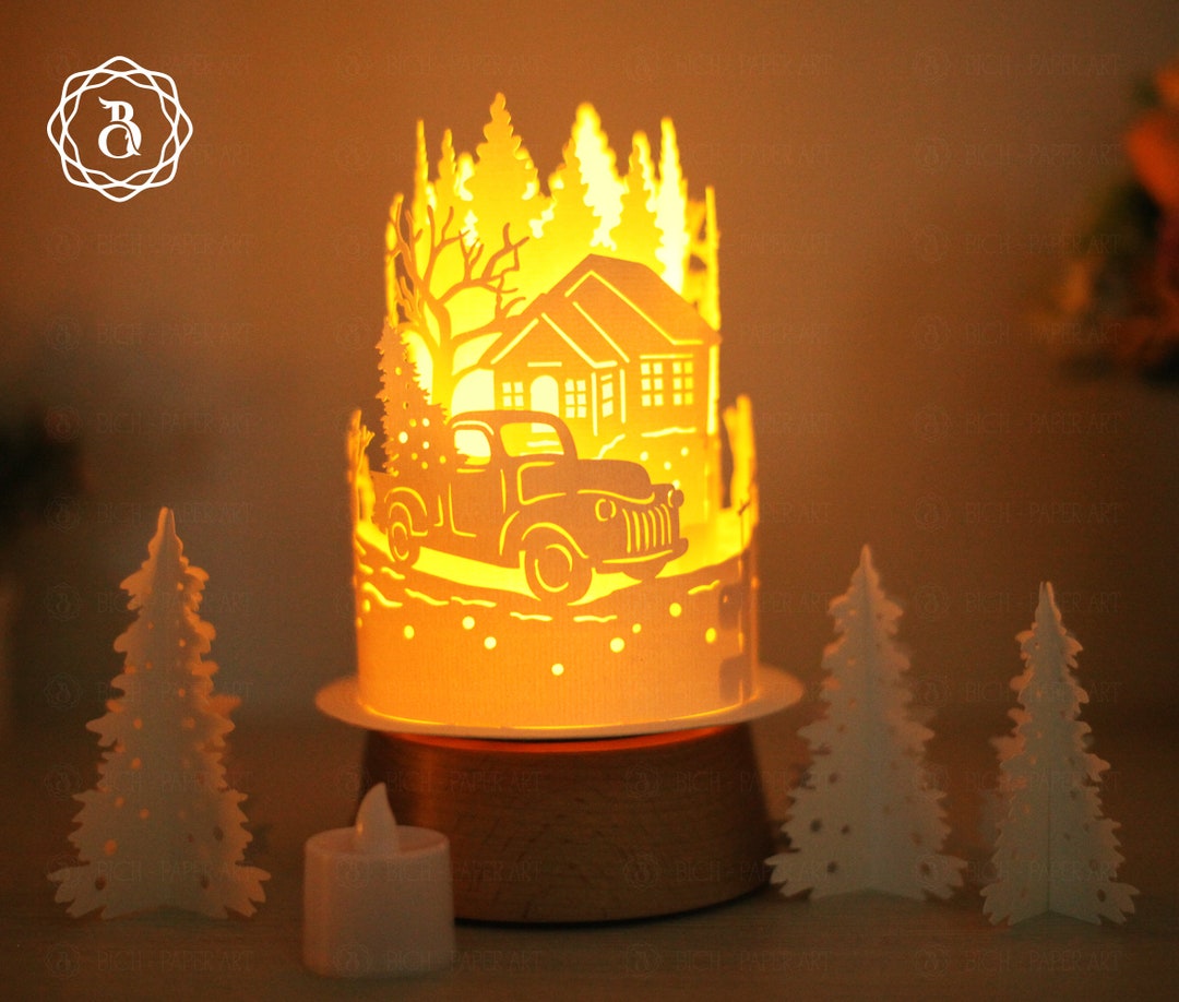 Paper Cut Lamp Christmas Truck With Tree - Paper Cutting Template - DIY ...
