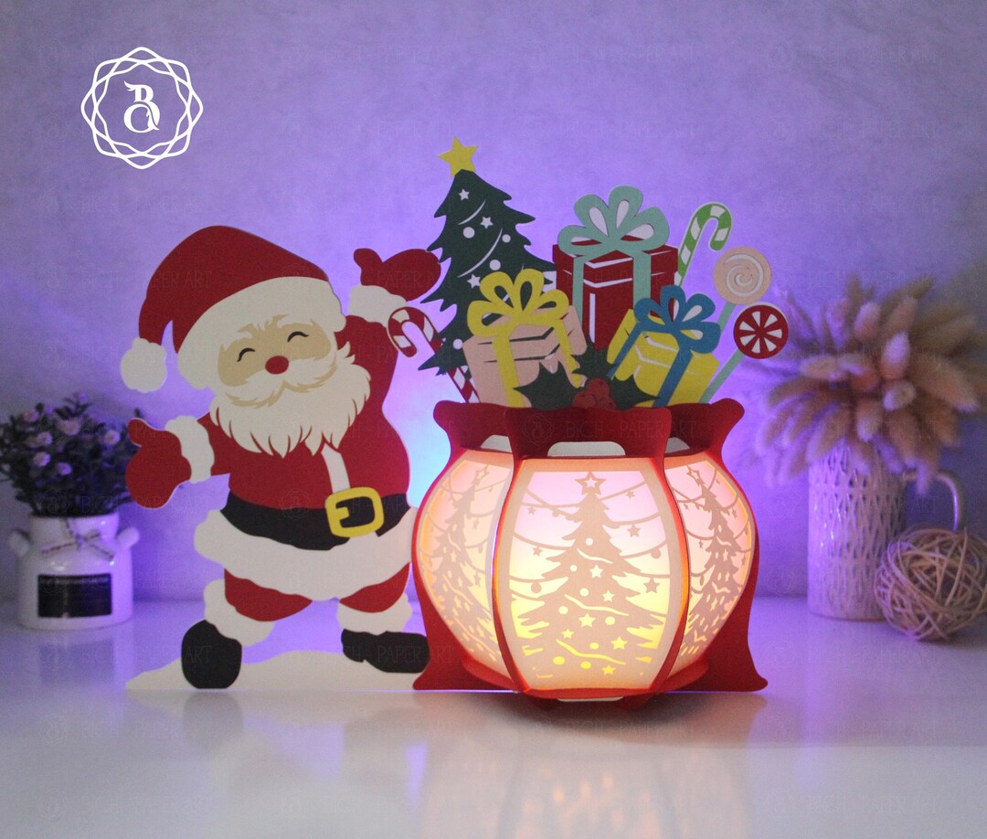 Santa Gift Bag Lantern Paper Cut SVG: 3D Christmas Tree Luminary ...