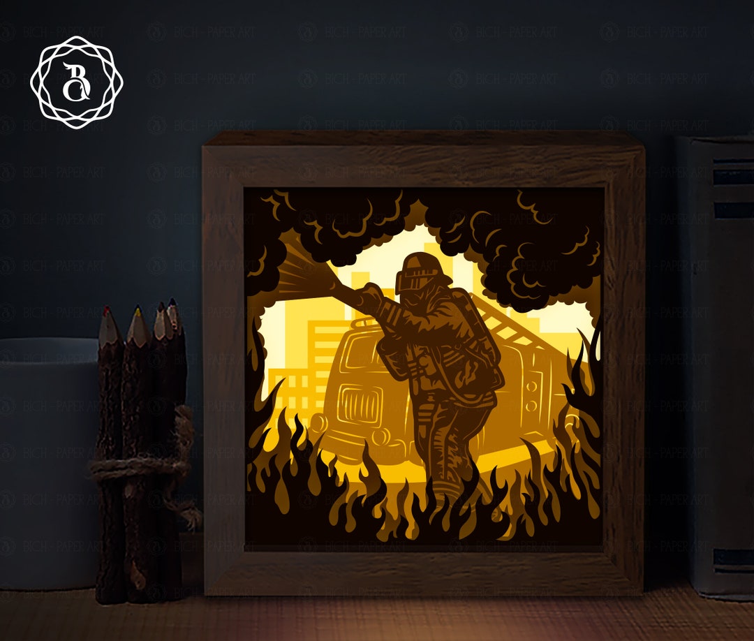 Firefighter Shadow Box SVG, Fireman Lightbox Template, Firefighter ...