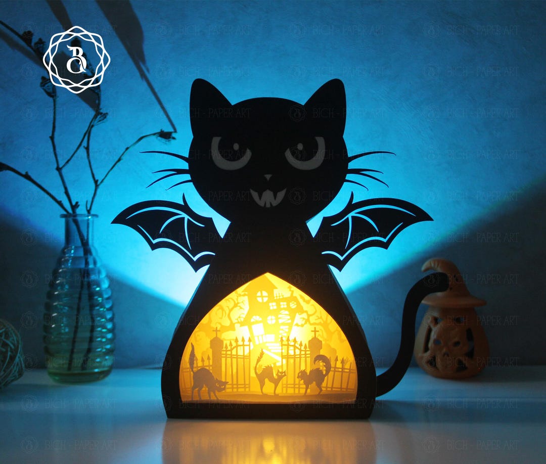 Funny Cat Halloween Paper Cut Template, Halloween Decoration SVG ...
