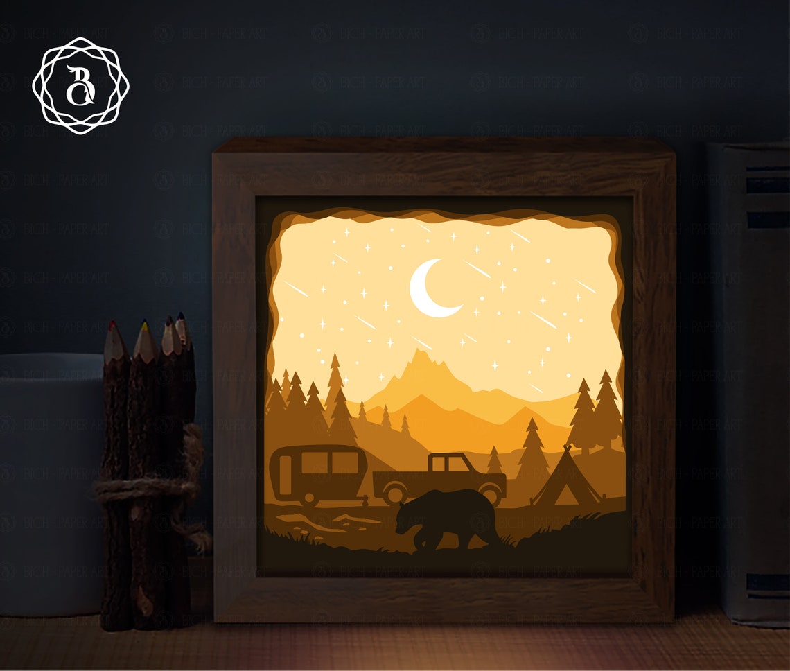 Camping Shadow Box Light Box Template 3D Shadow Box SVG | Etsy