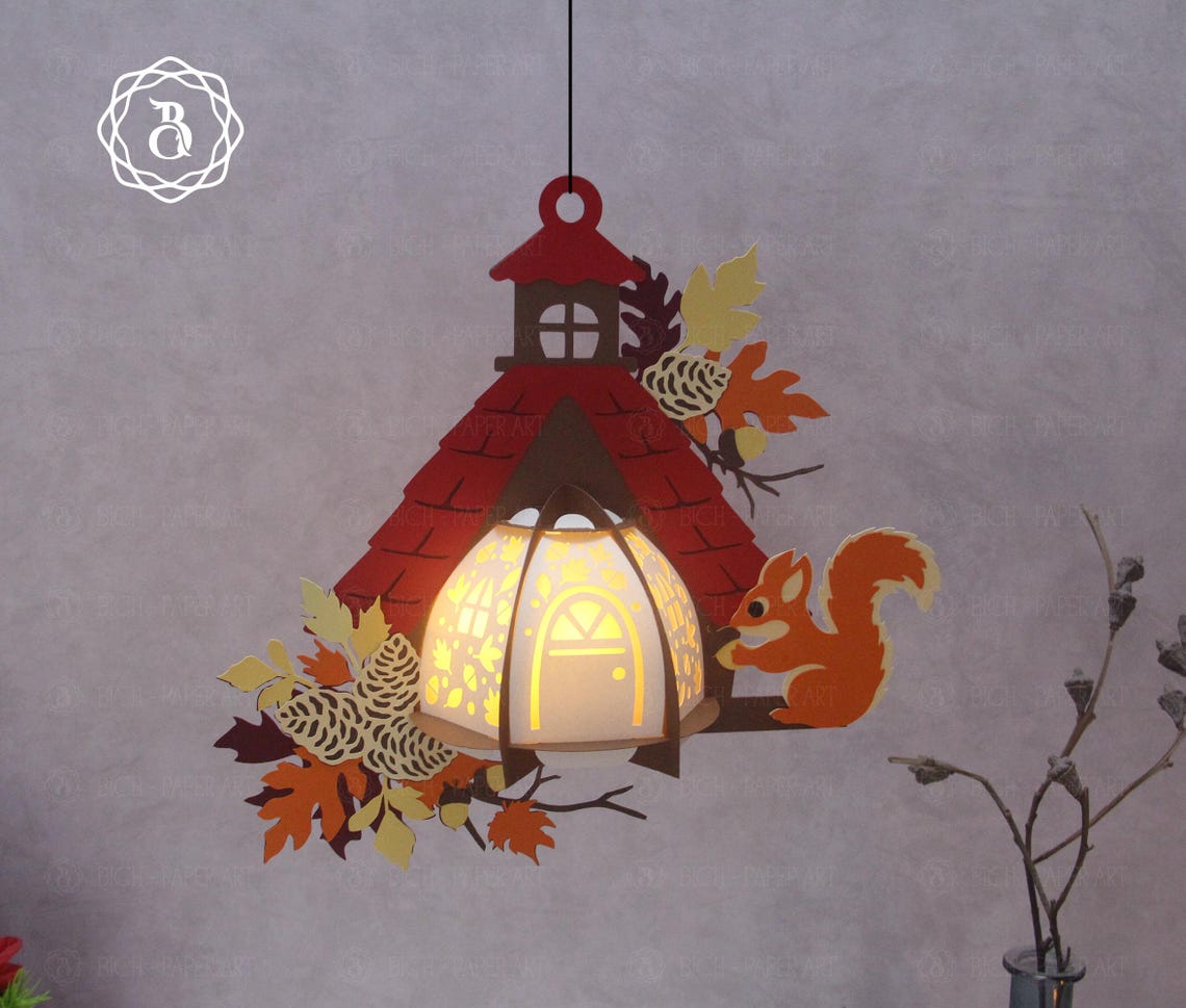 Christmas Squirrel Birdhouse Paper Cut Lamp SVG, 3D Christmas Lantern ...