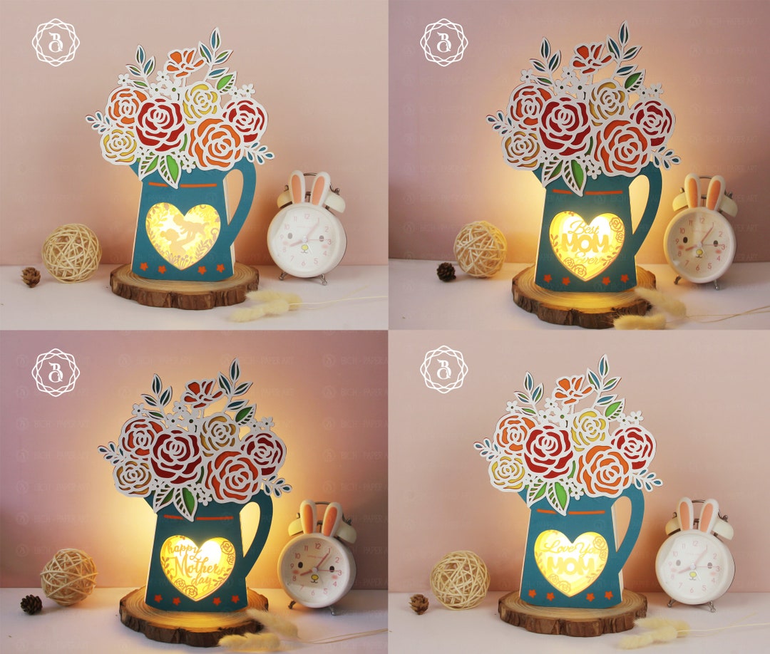 Combo 4 Rose Vase Paper Cutting Art Mothers Day Shadowbox, 3D Mothers ...