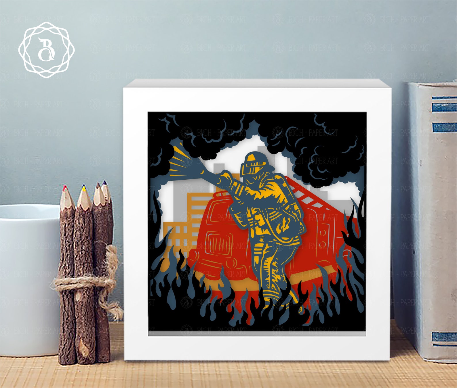 Firefighter Shadow Box SVG Fireman Lightbox Template - Etsy