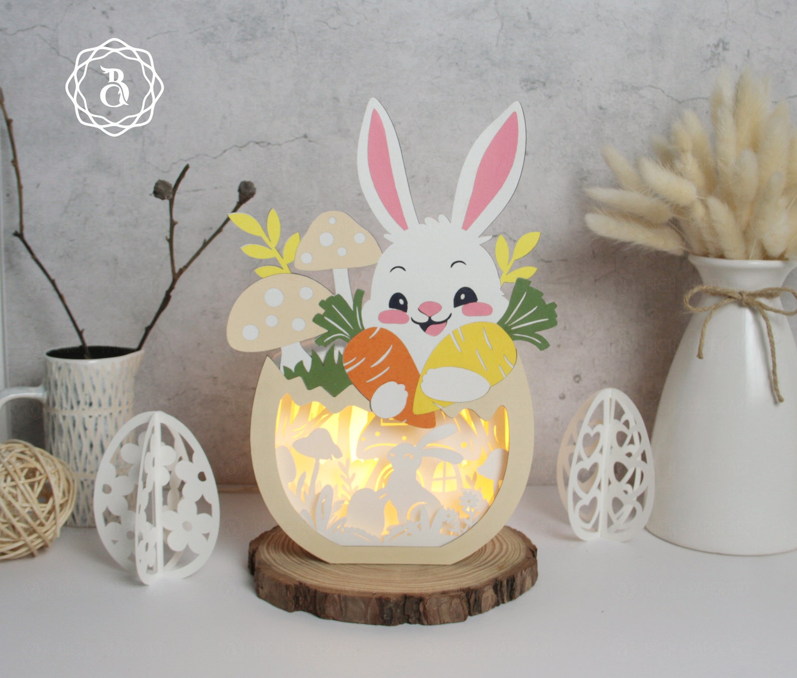 Easter Bunny Holding Carrots Shadow Lightbox SVG Easter Eggs Paper Cut ...