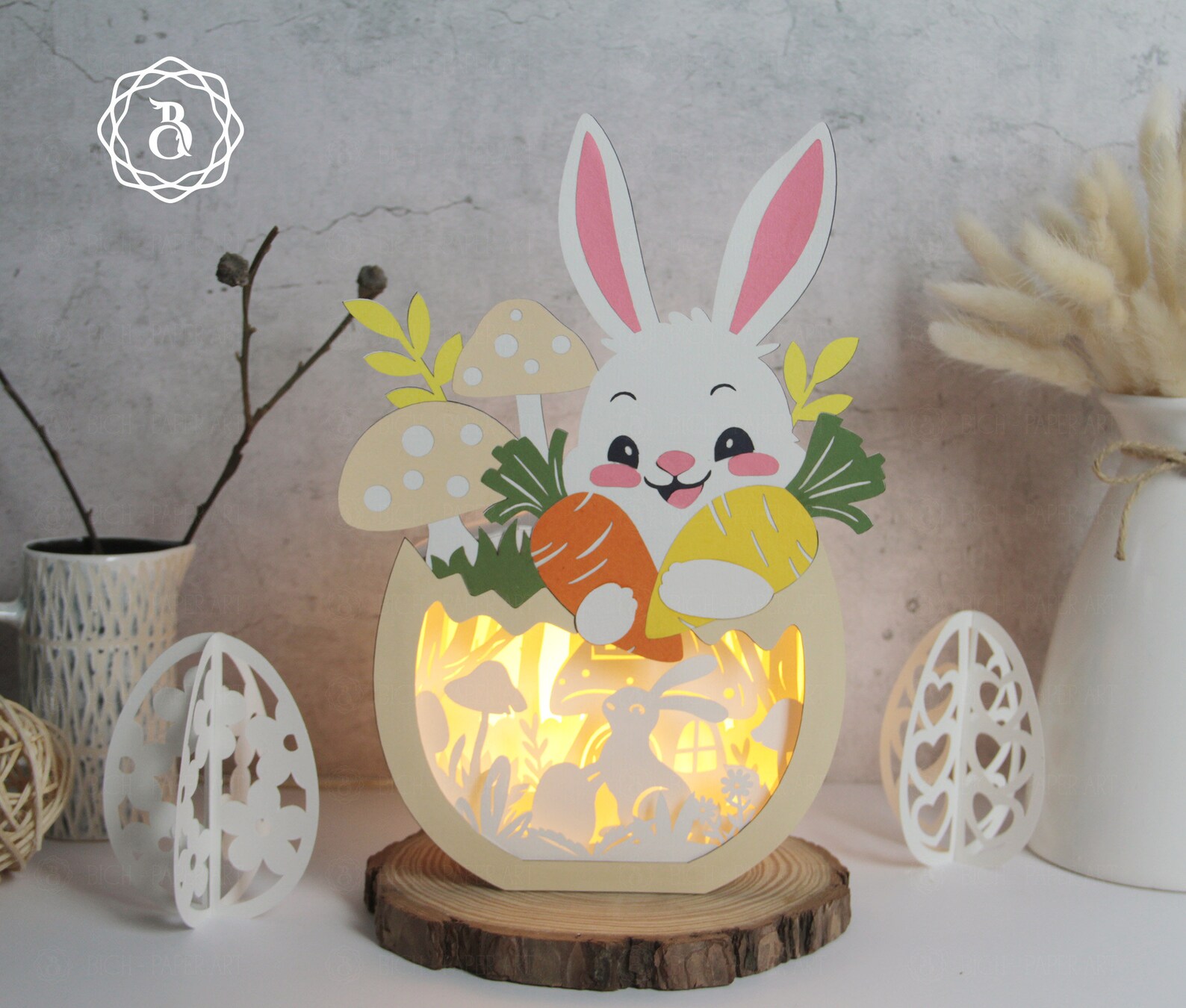 Easter Bunny Holding Carrots Shadow Lightbox SVG Easter Eggs Paper Cut ...