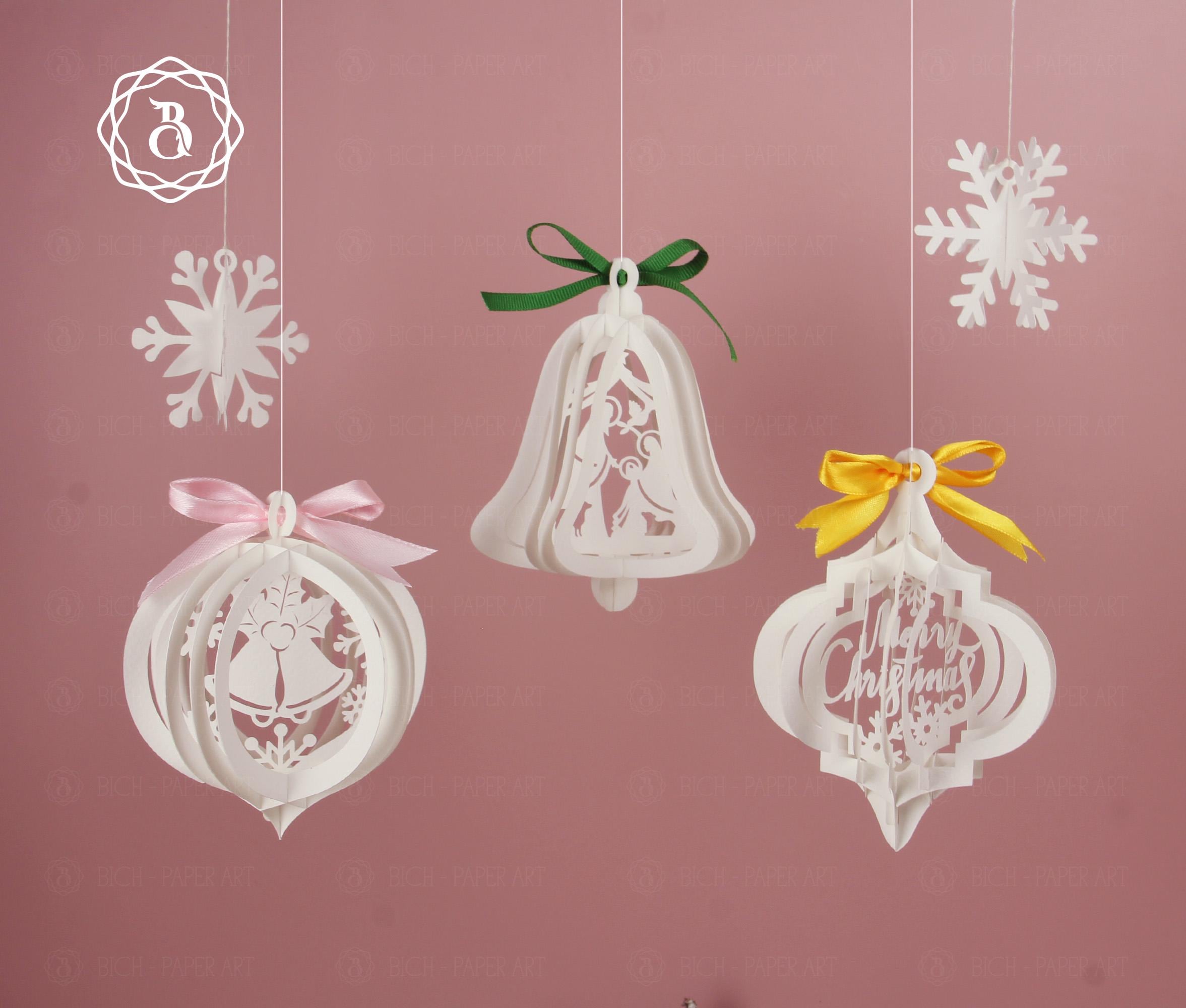 Pack 6 Christmas Pop-up 3D Ornaments Paper Cut Template, Hanging ...