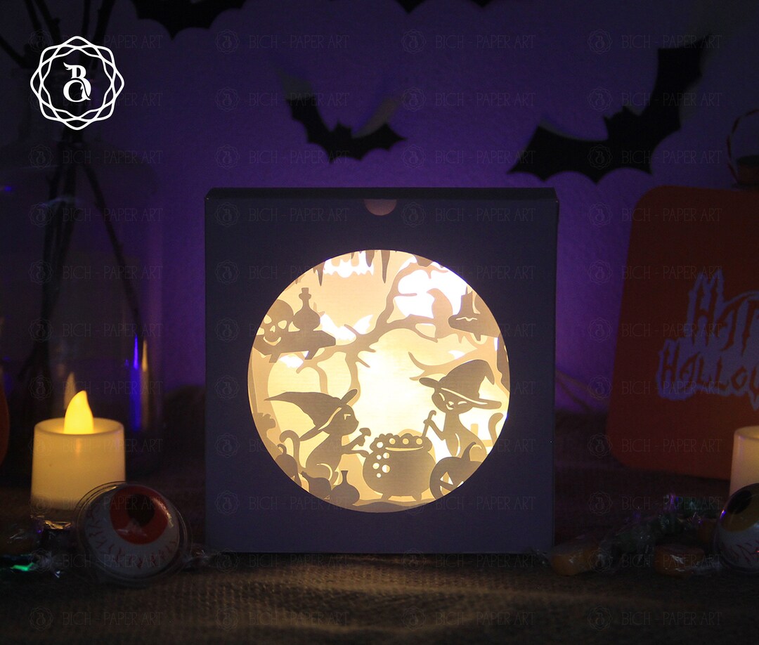 Halloween Cat Witch Lightbox SVG: Flat Folding Mystery Gift Box ...