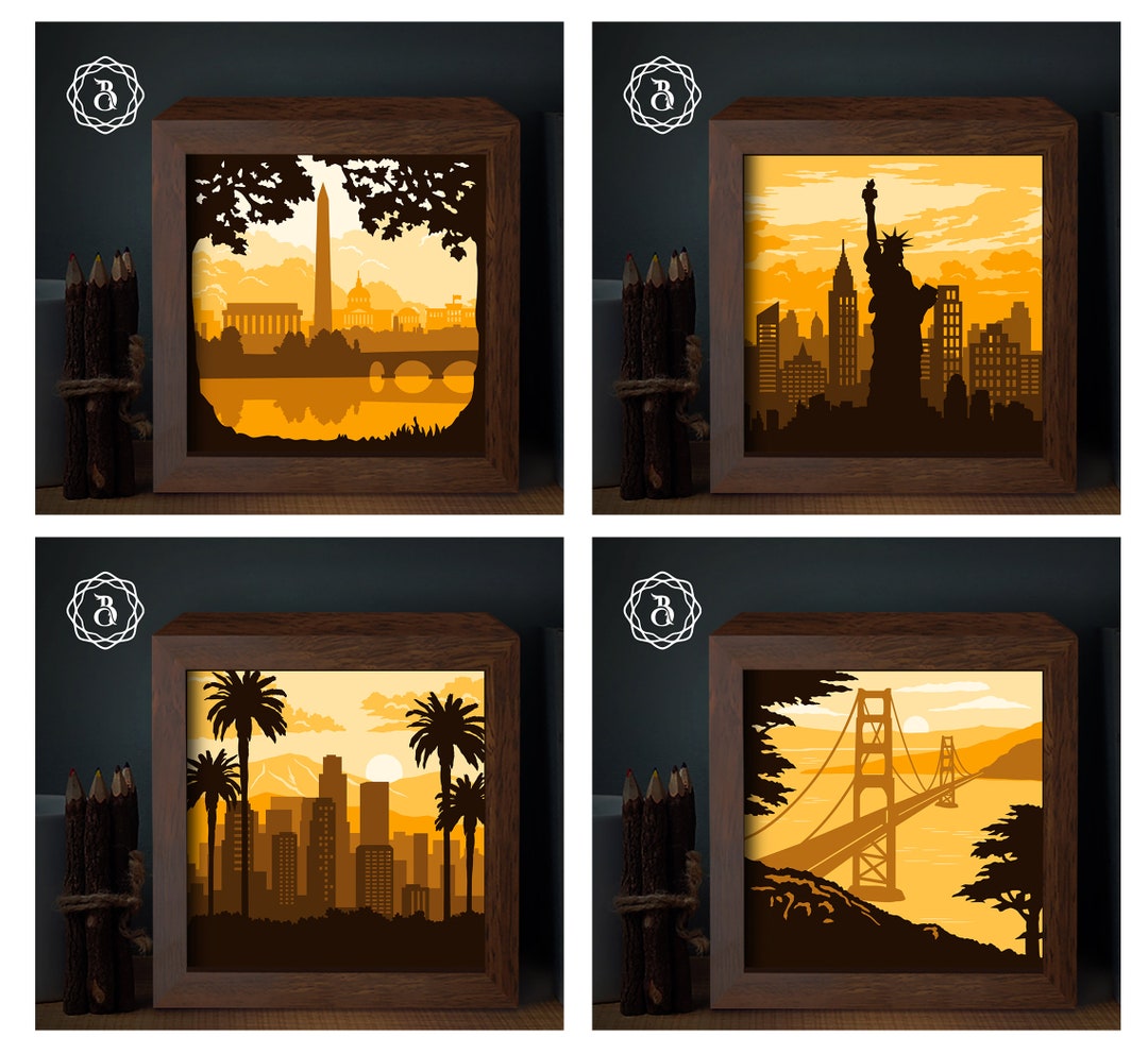 Combo of 4 Light Box Templates: City in the U.S, Shadow Box SVG, Paper ...